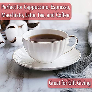 BTaT- Tea Cups and Saucers, Set of 6 (7 oz) with Gold Trim and Gift Box, Cappuccino Cups, Coffee Cups, White Tea Cup Set, British Coffee Cups, Porcelain Tea Set, Latte Cups