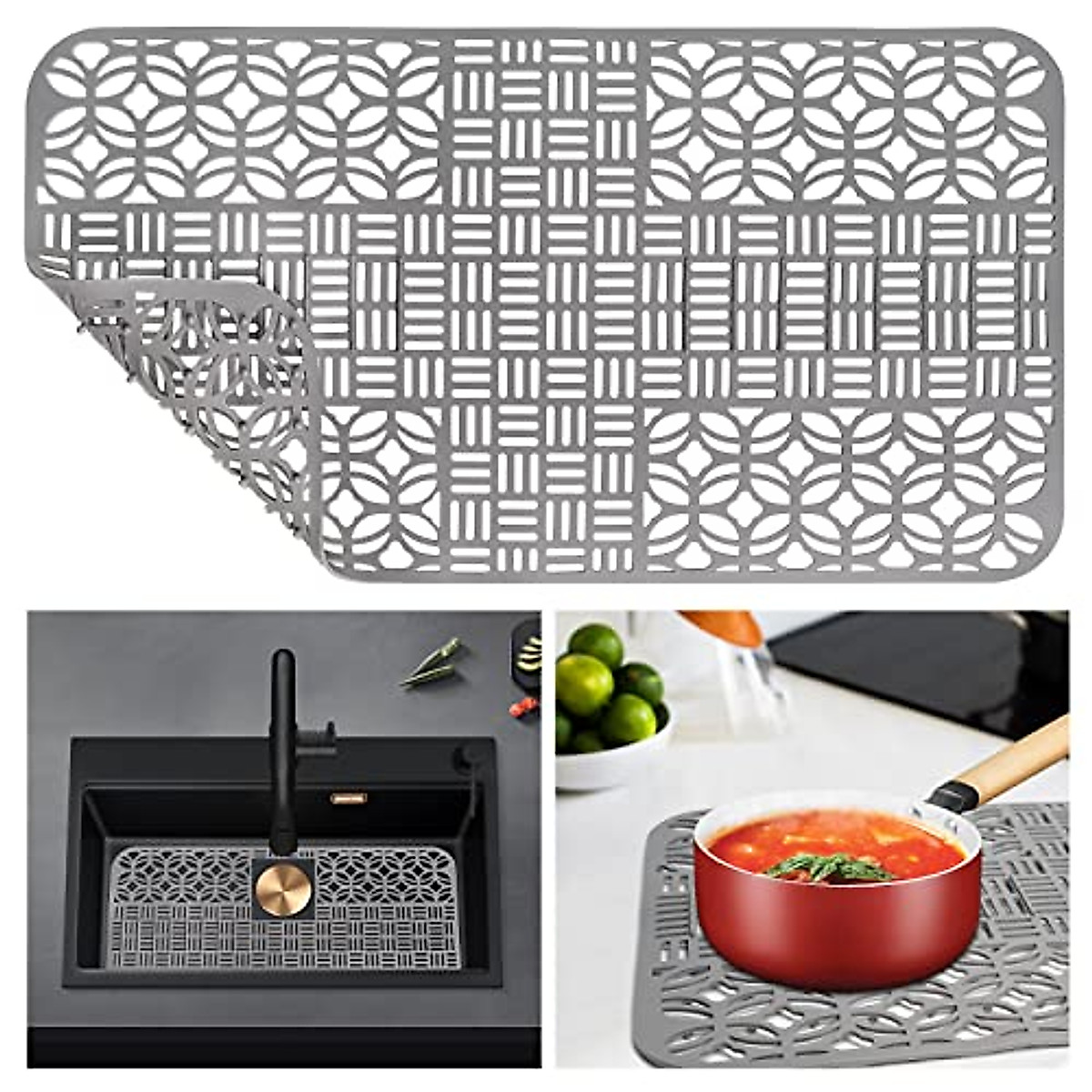 Silicone Sink Mat with DIY Drain Hole 26''x14'' Sink Protectors for Kitchen Sink Non-slip Heat Resistant Sink Protector Grid Accessory for Bottom of Farmhouse Stainless Steel