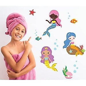 Mermaid Wall Decals Girls Bedroom and Bathroom Decor, 50 Peel and Stick Multicultural Mermaid Stickers for Girls, Includes 4 Sheets 11x11 inches Each Fun Reusable Decals