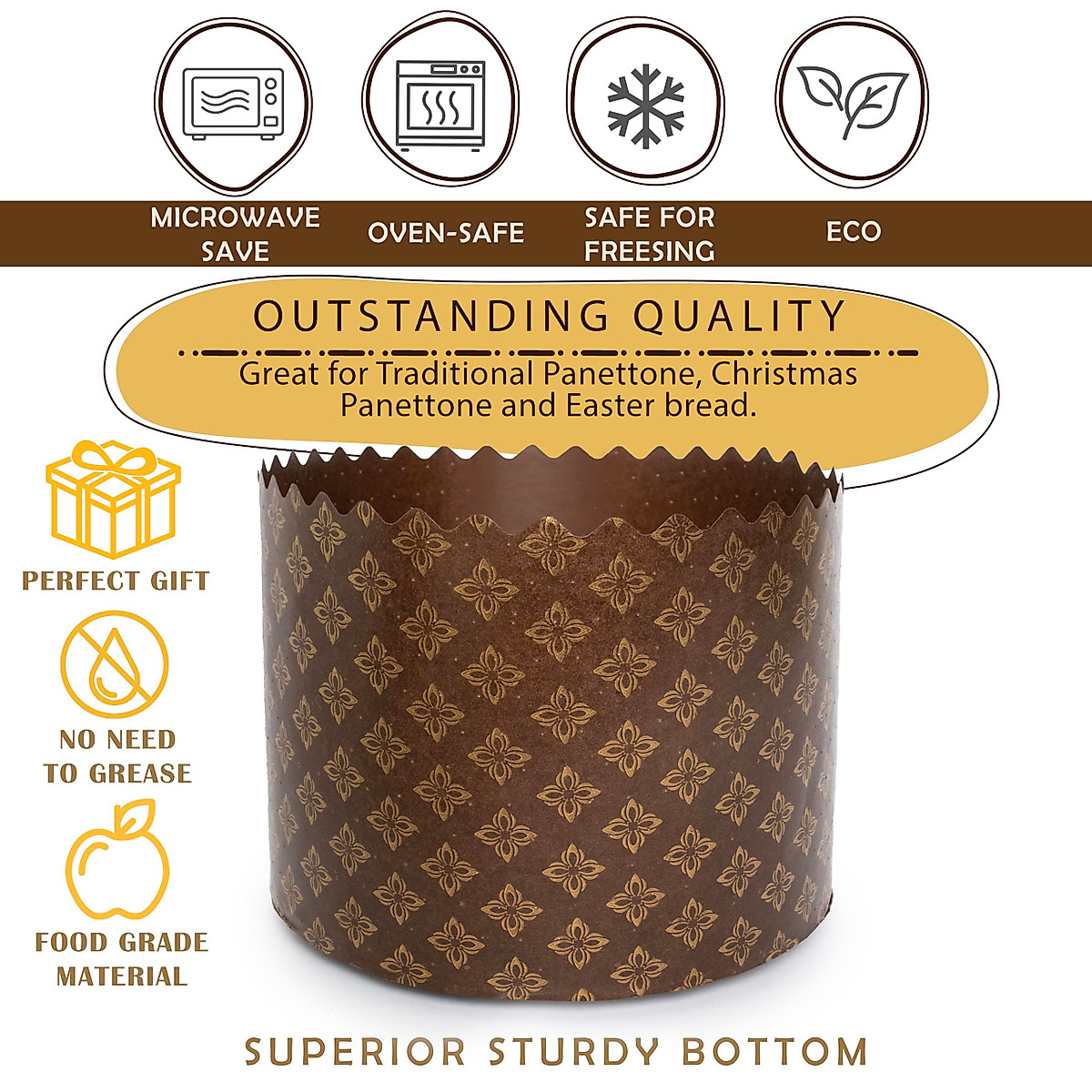 12oz Kulich Mold Paska Easter Bread Forms |12 pcs| Bread Paper Mold - Brown Non Stick Panettone Paper Baking Molds Universal - Brown Design W 4.33 x H 3.35-In