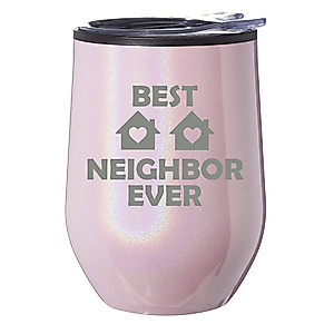 Stemless Wine Tumbler Coffee Travel Mug Glass With Lid Gift Best Neighbor Ever Funny (Pink Glitter)