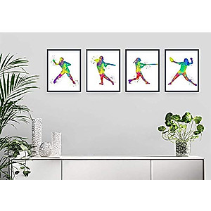 Softball Player Sport Abstract Wall Art Print 8x10, Set of 4, Includes Catcher and Pitcher, Teen Girl Bedroom Dorm Room Decor, Ideal for Teacher, Coach, Fan, Club Award Night