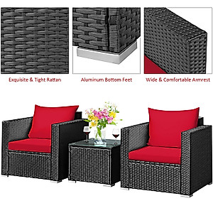 Tangkula 3 Pieces Patio Furniture Set, PE Rattan Wicker Sofa Set w/Washable Cushion and Tempered Glass Tabletop, Outdoor Conversation Furniture for Garden Poolside (Red)