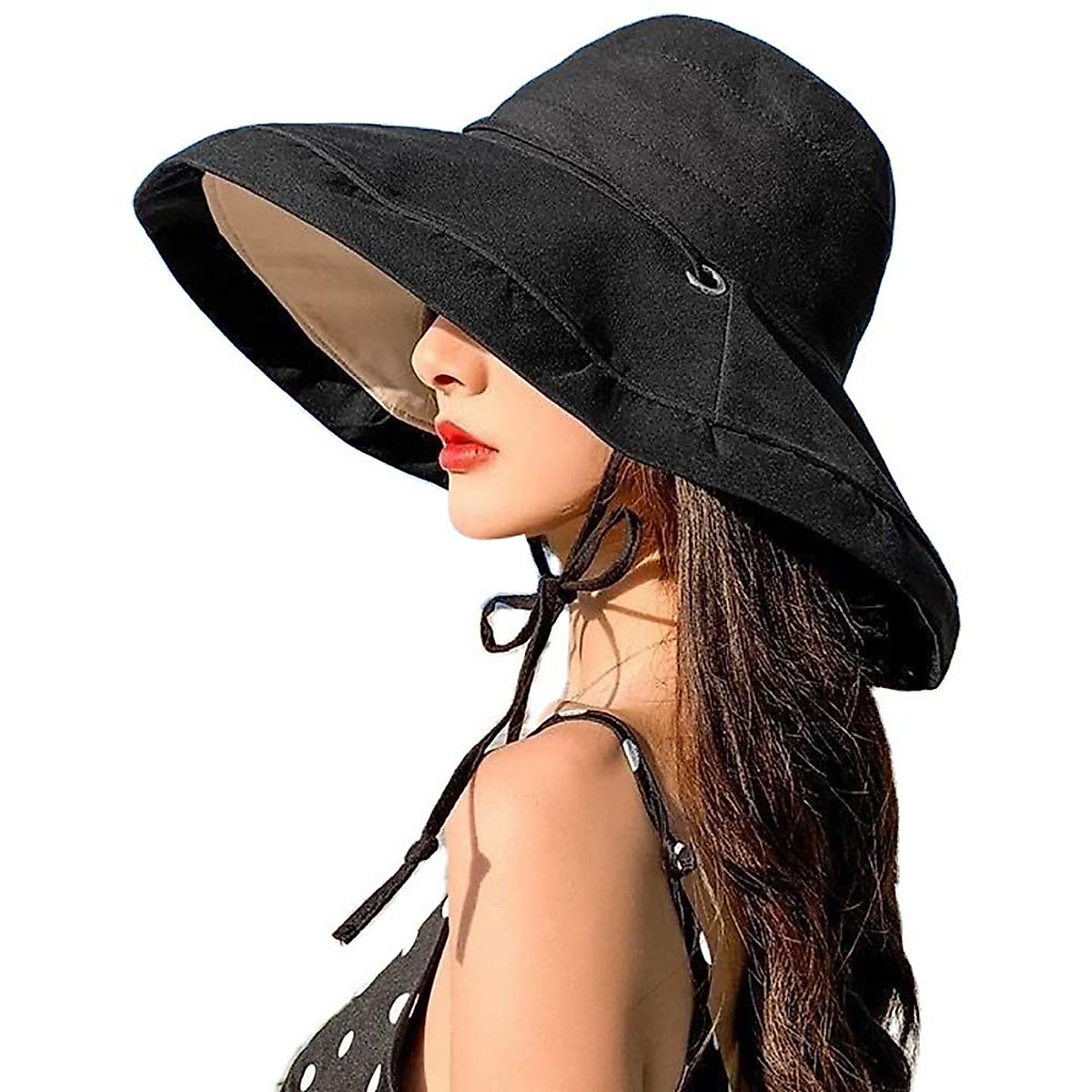 Women's Sun Hat Packable Reversible Bucket Hat UV Sun Protection Wide Brim Summer Beach Cap (One Side-Light Coffee)