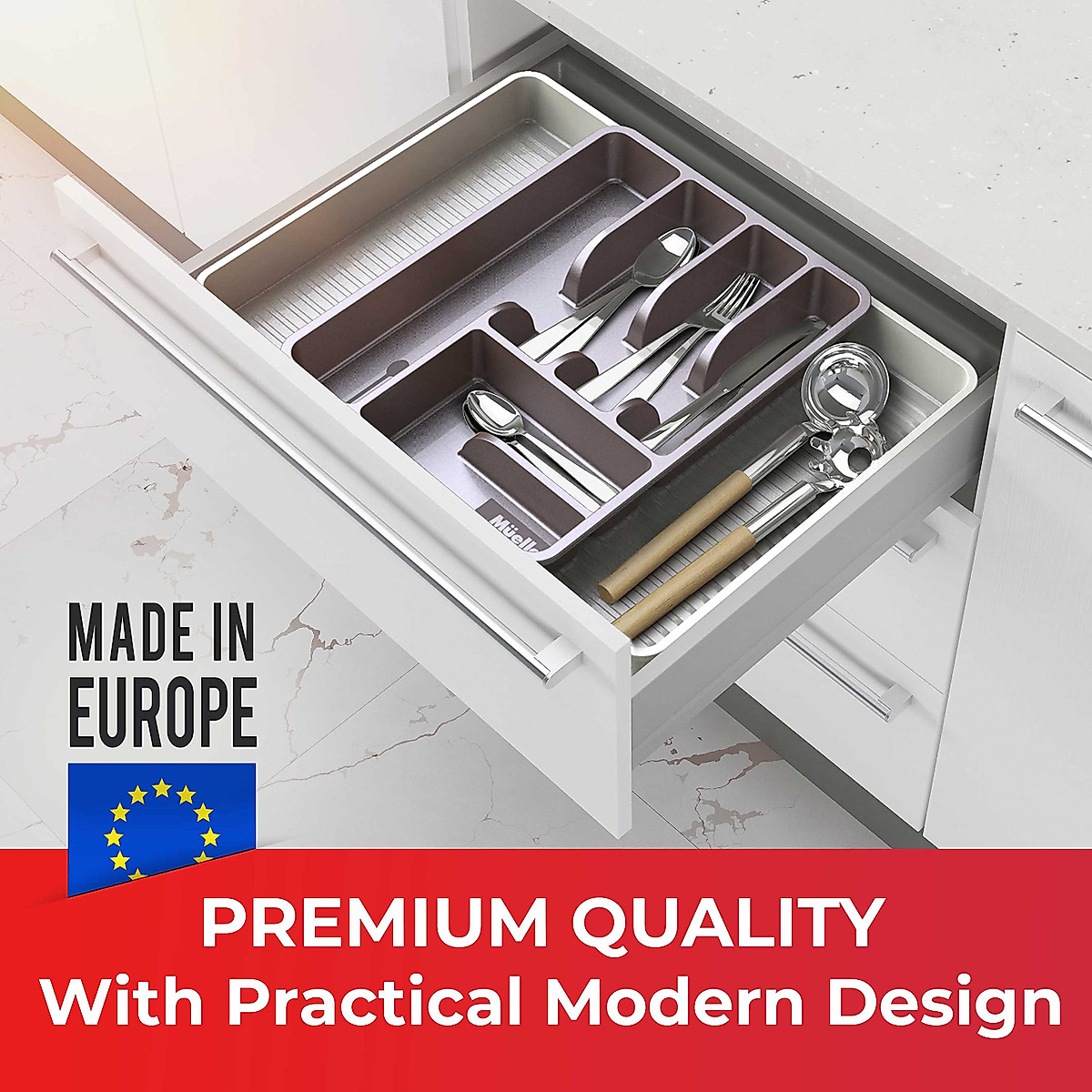 Mueller Large Flatware Kitchen Drawer Organizer, Expandable 19.7" x 15" Silverware Organizer, 6 Compartments, Heavy-Duty, Cutlery Tray for Utensils or Stuff, Dining Room, Living Room, Beige Mocha