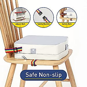 Toddler Booster Seat for Dining Table, Portable 3 Height Adjustable Cushion with Backrest, Non-Slip , Waterproof ,Dismountable& Washable Chair Cushion with Buckle Strap, (Grey)