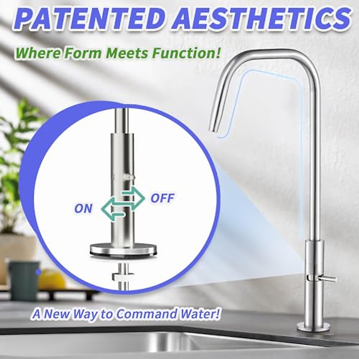 YAFIYGI Drinking Water Faucet for Kitchen Sink, Filtered Reverse Osmosis RO Faucet, 304 Stainless Steel Purified Water Dispenser Faucet