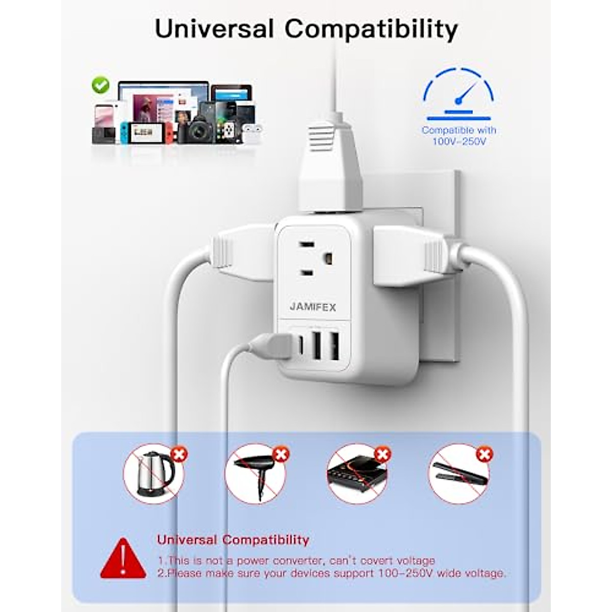 Foldable European Travel Plug Adapter, JAMIFEX International Power Plug Adaptor with 4 Outlets 4 USB(2 USB-C) Ports, Type C EU Adapter US to Most Europe Spain Italy France Germany