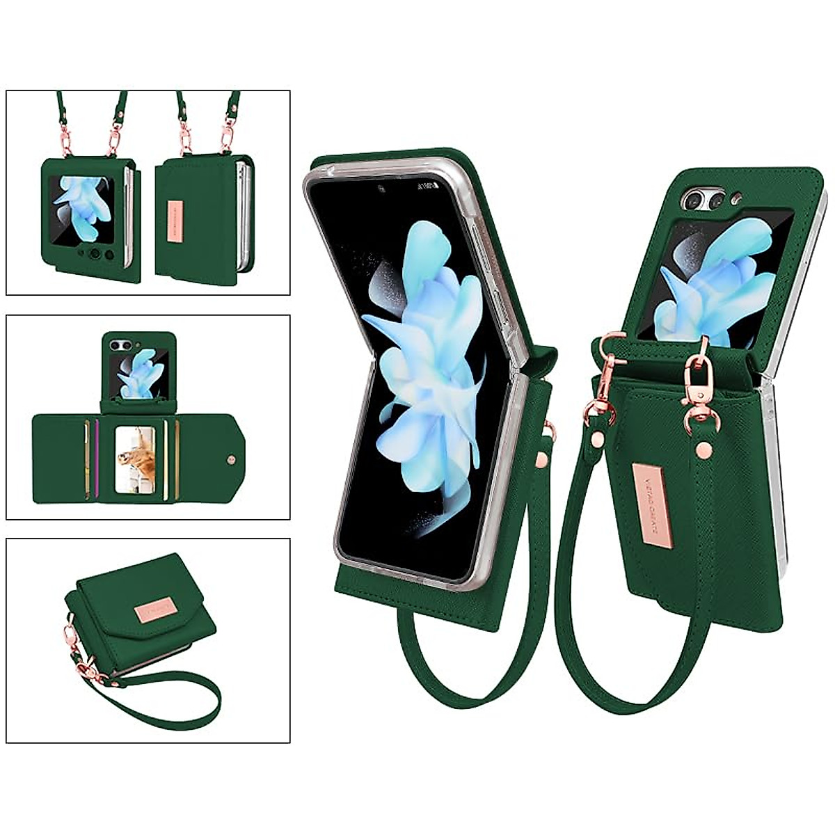 XIMAND for Samsung Galaxy Z Flip 5 Wallet Case with Built-in Leather Cash Slot and Credit Card Holder. Wristlet Strap and Hinge Protection, Carrying Handbag Phone Case for Women Ladies.(Green)