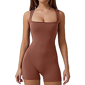 QINSEN Women's Sexy Tube Top One Piece Jumpsuit Square Neck Short Length Romper Brown S