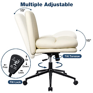 HOFFREE Criss Cross Chair Cross Legged Office Chair with Wheels Leather Home Office Chair Ergonomic Armless Chair for Desk Cream
