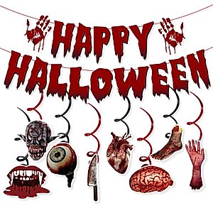 Quimoy Scary Halloween Banner, Happy Halloween Party Decorations, Scary Halloween Decorations with 8Pcs Halloween Hanging Swirls for Halloween Party Indoor Outdoor