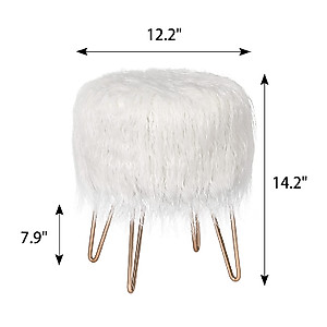 Adeco Vanity Stool Chair Round Faux Fur Ottoman with Metal Legs, Soft Furry Footrest Stool Padded Seat, Upholstered Decorative Furniture for Bedroom Living Room, White Small