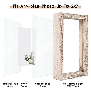 MUYE 5x7 Floating Frames Distressed Beige White Wood Pattern,Double Glass Picture Frame Display Any Size Photo up to 5x7,Wall Mount or Tabletop,2 Pack