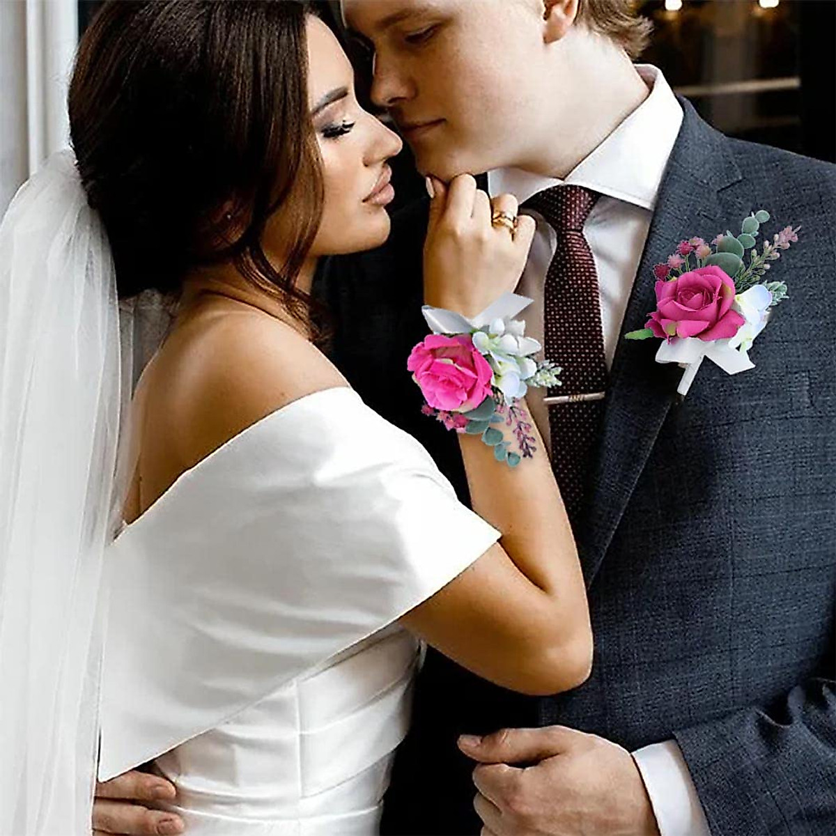 Campsis Wedding Corsage Boutonniere Set Pink Rose Flower Wrist Bride Buttonholes Flower Decor Bride Girls Lady Accessories for Prom and Dinner Party(2pcs)