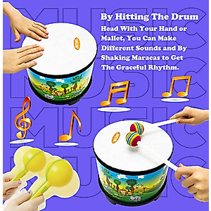 Crafteem Floor Tom Drum for Kids 8-inch Percussion Instrument Music Drum with 2 Mallets and Color Maracas for Baby Children Special Christmas Birthday Toy Gift