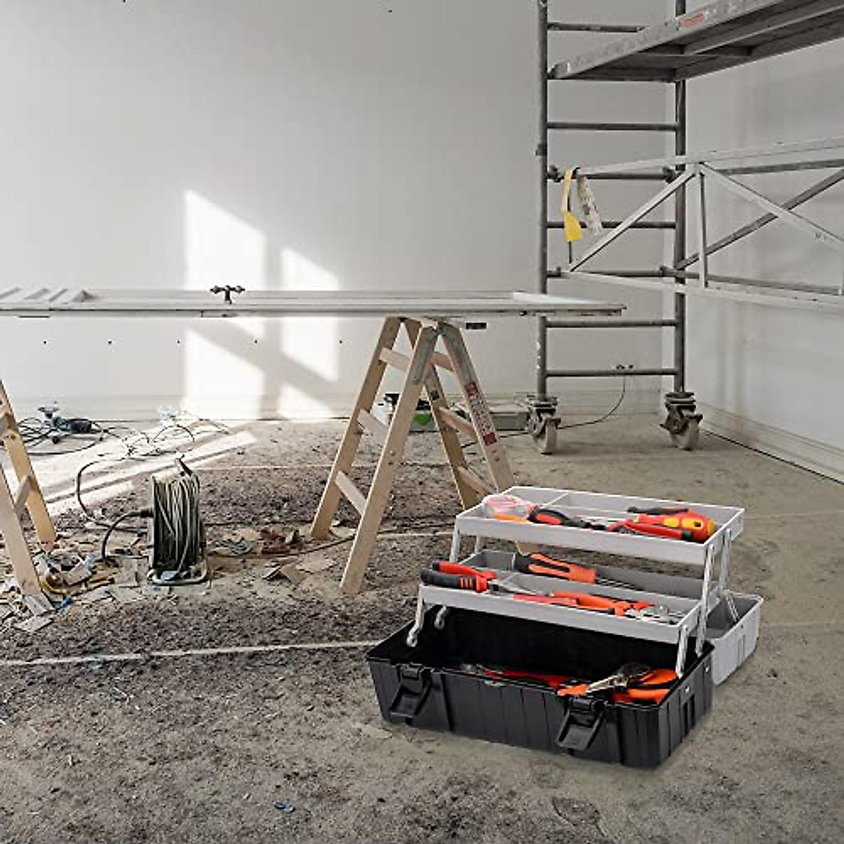 17-Inch Plastic Storage Toolbox, GANCHUN 3-Layer Portable Tool Box, Hobby or Craft Storage Toolbox, Multiplication Tool Organizer for Home Tools, Nails and Pins, Black-Grey