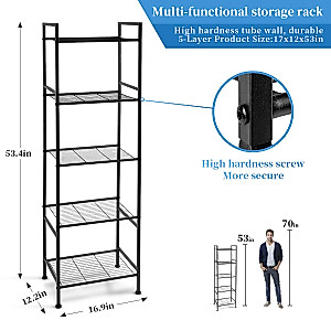 SUNLPH 5-Tier Wire Shelving Metal Rack Shelves, Standing Storage Shelf Units Flat for Laundry Bathroom Kitchen Pantry Closet Organization (Black, 16.9" L x 12.2" W x 53.4" H)