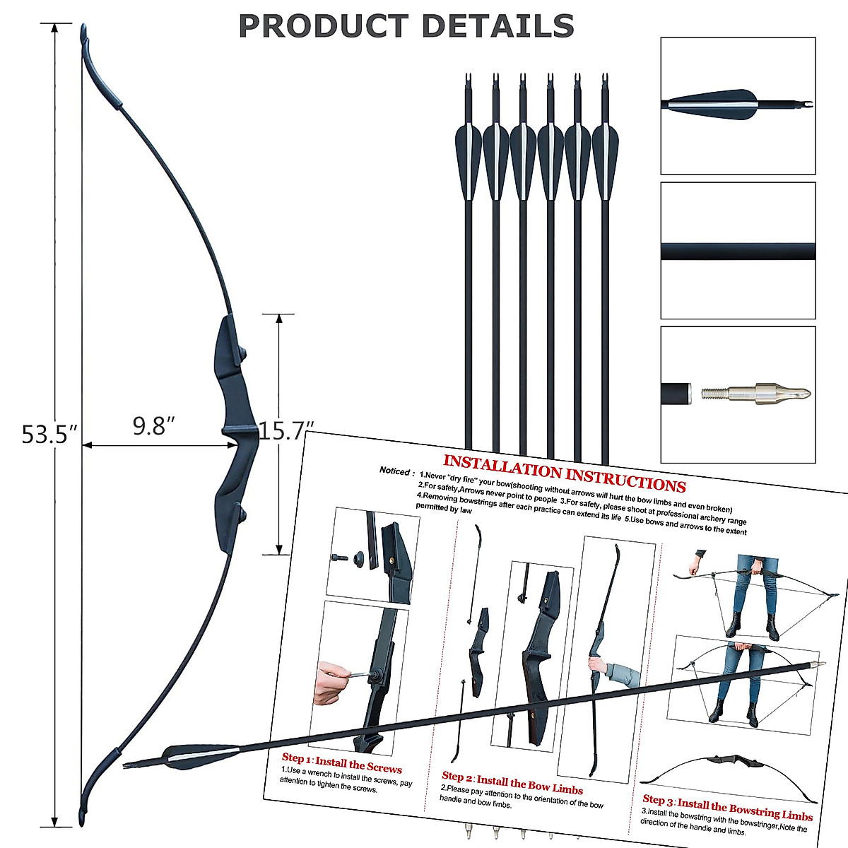 Tongtu Recurve Bow Right and Left Handed,Takedown Bow and Arrows for Adult & Youth Beginner 30lb 40lb Traditional Archery Bows Set with 6pcs Arrows