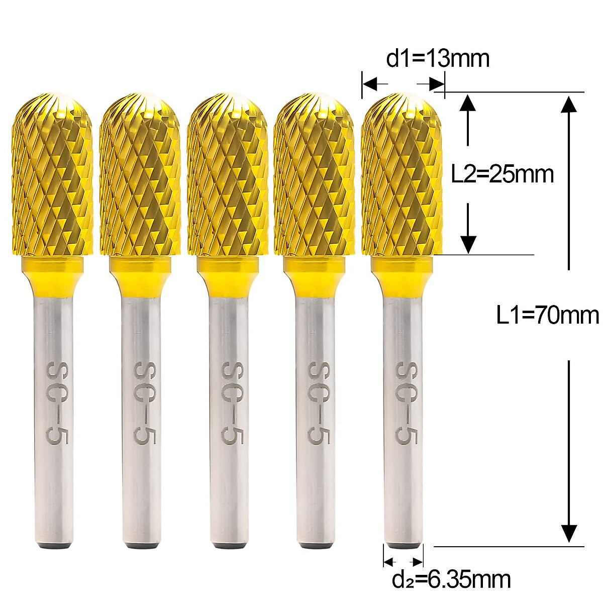 SC-5 5pcs Tungsten Carbide Burr TiN Rotary File Cylindrical Shape with Radius End Double Cut with 1/4''Shank for Die Grinder Drill Bit