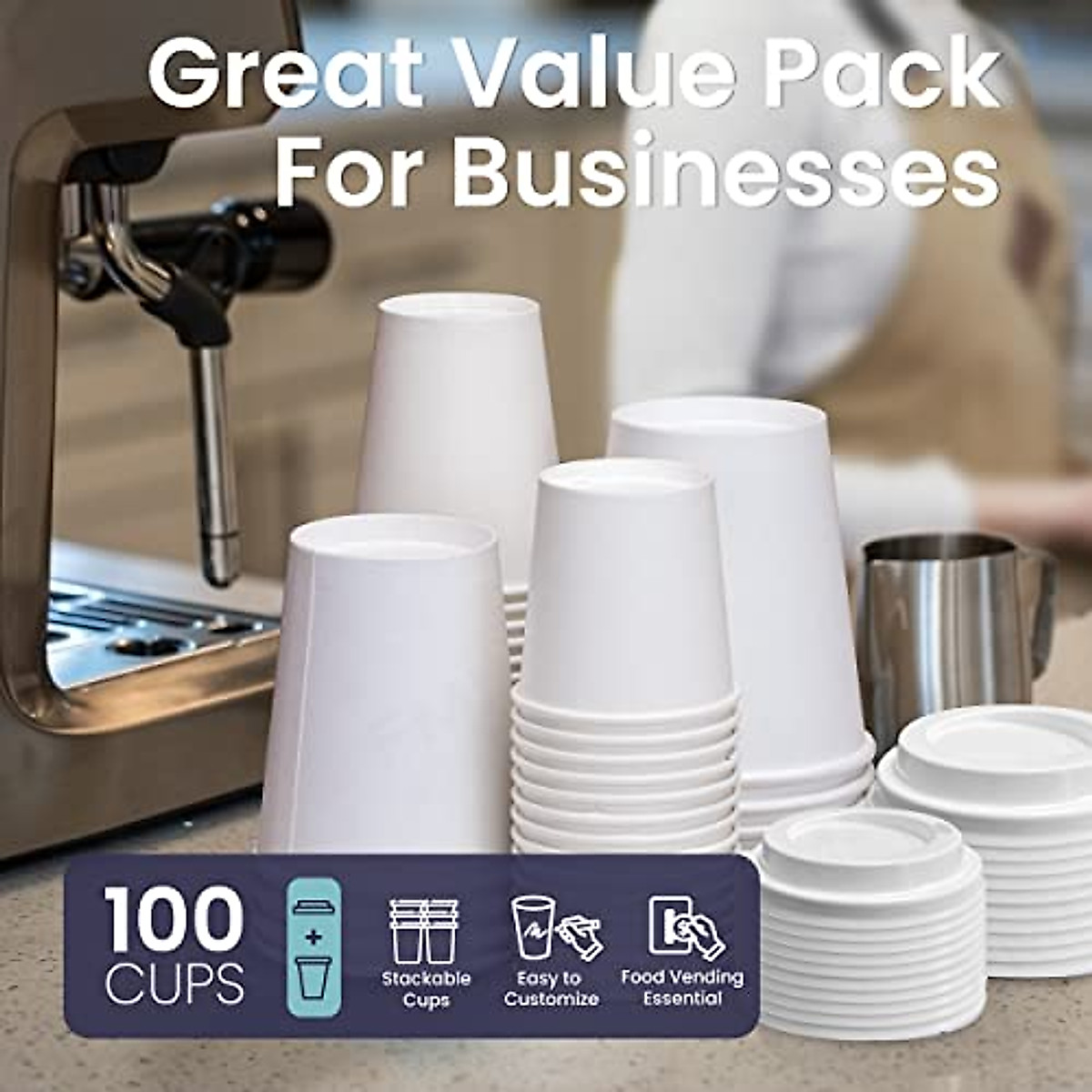 [100 Pack] 4 Oz Disposable Paper Coffee Cups with White Lids, Espresso Paper Cups with Lids, To Go Coffee Cups for Hot and Cold Beverage, On the Go Cups for Espresso, Hot Chocolate, Cortado, Macchiato