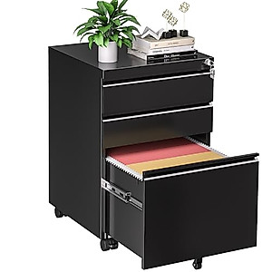 INTERGREAT 3 Drawer File Cabinet, Assembled Metal Filling Cabinet with Lock, Locking Office Mobile Cabinet with Wheels for Legal/Letter Size, Under Desk, Fully Assembled, Black