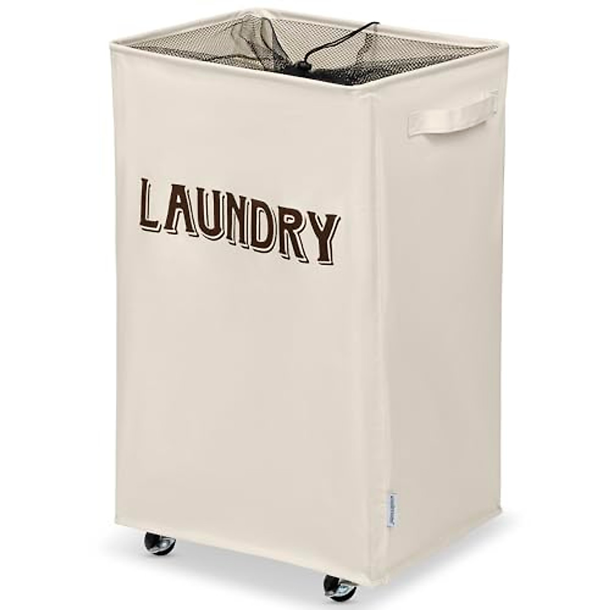Wondersome Laundry Hamper with Wheels - Farmhouse Cream - 90-Liter Extra Large Collapsible Rolling Clothes Cart - Heavy Duty Locking Metal Wheel Tall Rectangular Canvas Storage Basket - US-Based Brand