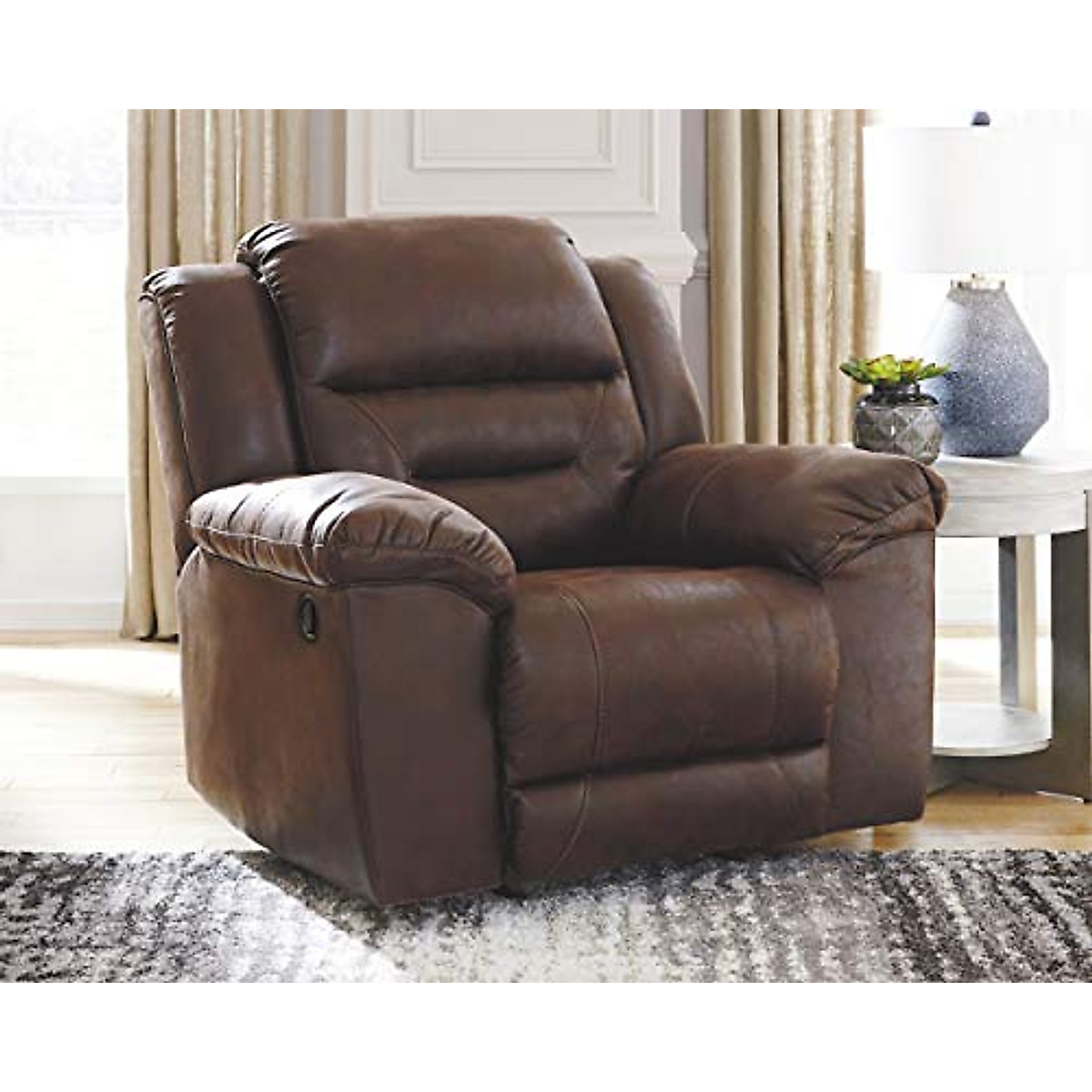 Signature Design by Ashley Stoneland Faux Leather Manual Pull Tab Rocker Recliner, Dark Brown