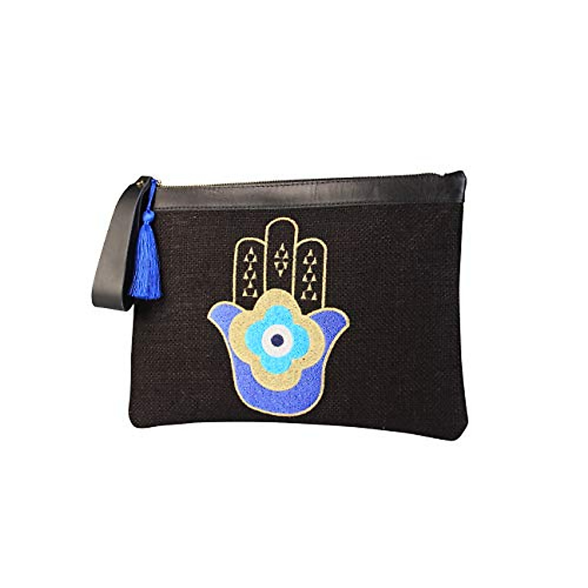 KarensLine Handmade Evil Eye Embroidery Black Jute Clutch Bag Hamsa Hand Beach Summer Style, Medium