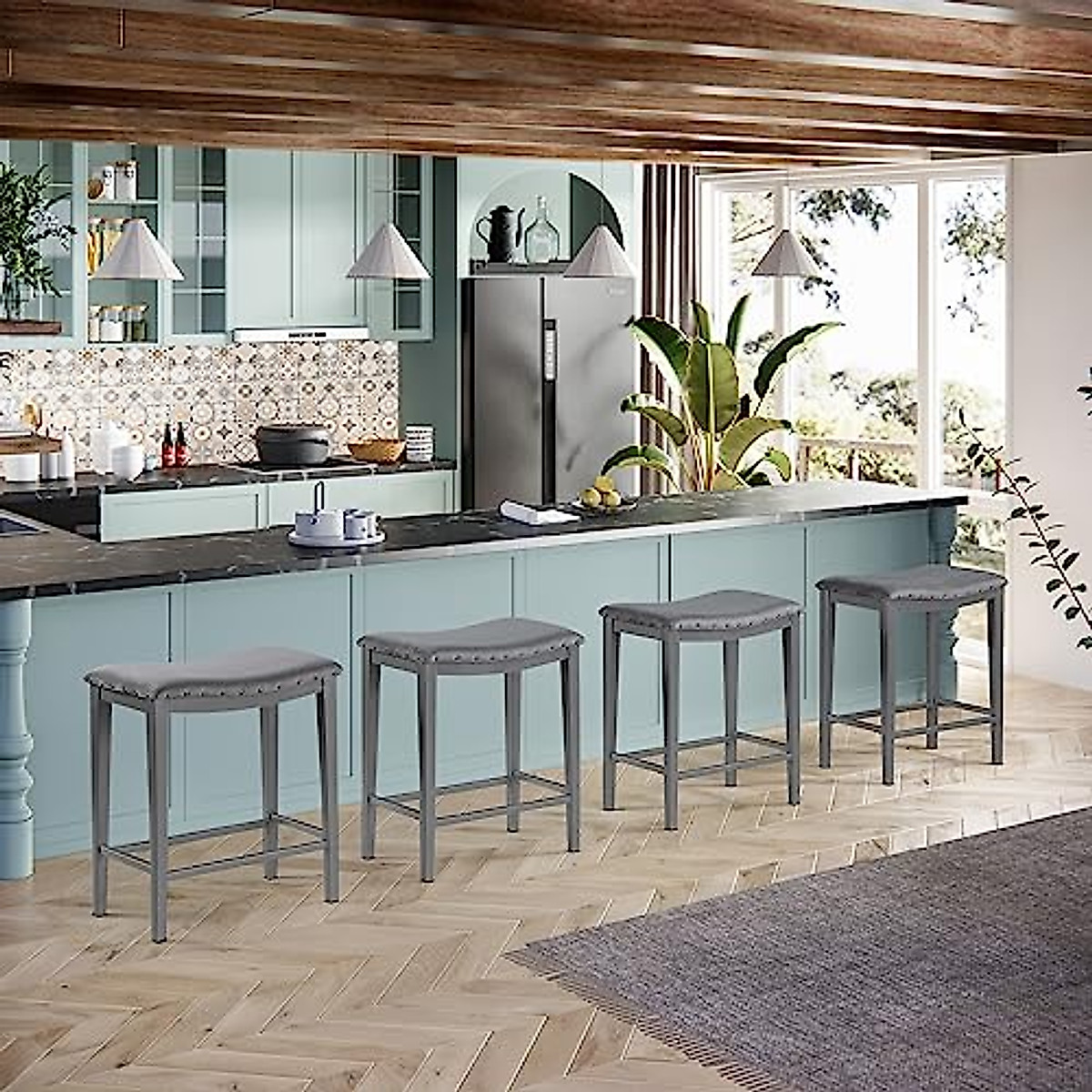 KATDANS Grey Bar Stools Set of 2 Counter Height 24 Inches Backless Barstools for Kitchen Counter Modern Saddle Stools Velvet Nailhead Upholstered Stools, KS718PN