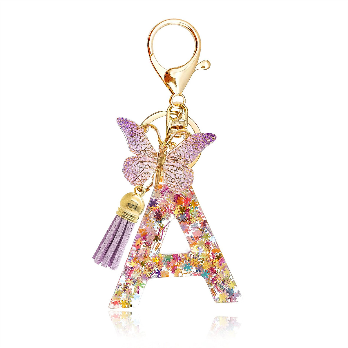 OKAICEN Fashion Snowflakes Alphabet Initial Letter Keychain Purple Tassel Butterfly Pendant Key Ring for Purse Handbags Women Girl ('A')