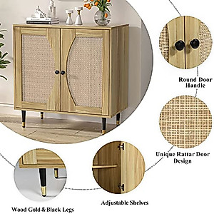4ever2buy Rattan Buffet Cabinet Sideboard with Storage, Kitchen Accent Cabinet with Woven Natural Rattan Doors, Entryway Cabinet with Adjustable Shelves，Console Tables for Living Bedroom Dining Room