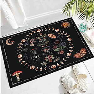 LGGQQW Black Starry Botanical Sun Moonlit Mushroom Area Rug Floral Hippie Moon Phase Carpet for Aesthetic Color 24inch x 36inch