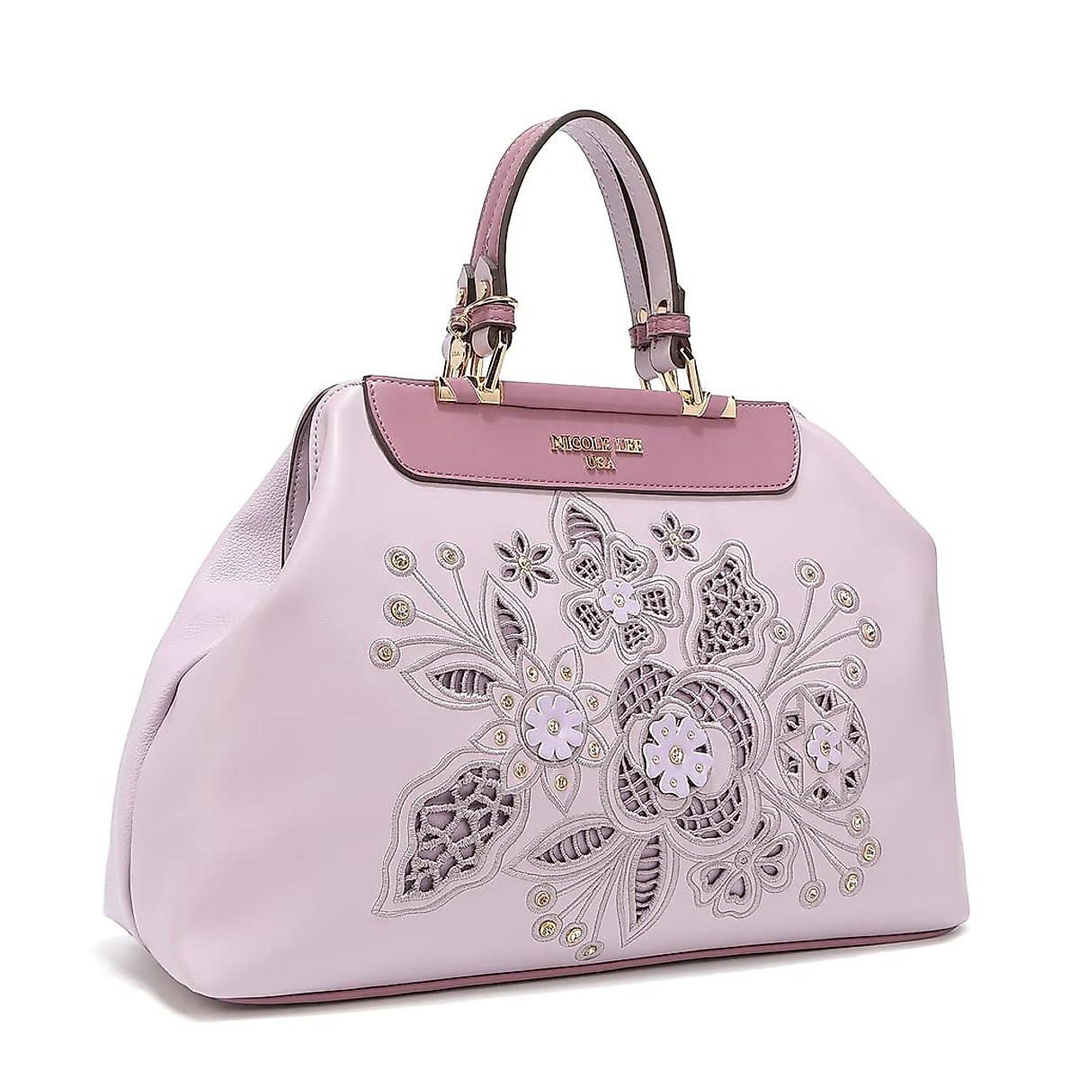 Nicole Lee Cornelia Floral Diamond Embroidered Satchel, Flower Handbag with Optional Crossbody Strap, 3 Compartments (Lavender)
