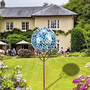 VCUTEKA Solar Outdoor Lights Garden Decor Mosaic Solar Garden Lights Waterproof Glass Ball LED Pathway Stake Light for Landscape Lawn Patio Yard Decoration 6 inch, Blue