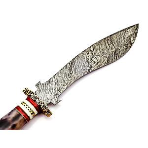 Skokie Knives Custom Damascus Steel Hunting Knife Color Camel Bone Handle with Brass Spacer -Handmade Premium Quality Edge Fixed Blade – For Multipurpose – Ideal for Survival Hunting Camping Hiking Outdoor Every Day Carry Professional Use Art of Craftsman