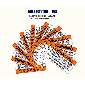 Photovoltaic Labels for PV Solar System _"Warning_Electric Shock Hazard_TERMINALS ON The LINE and Load Sides May BE Energized in The Open Position" _4" x 2" _Pack of 10