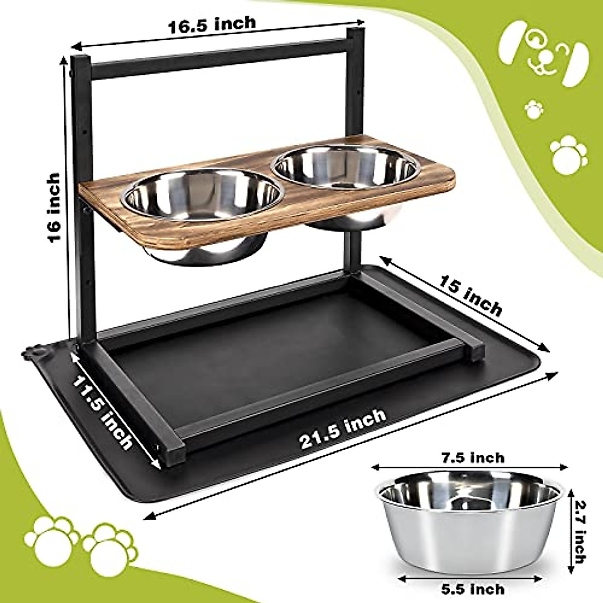 Emfogo Dog Bowls Elevated Dog Bowls Stand Adjustable Elevated 3 Heights5in 9in 13in with Spill Proof Mat Raised Dog Bowl for Large Dogs 16.5x16 inch