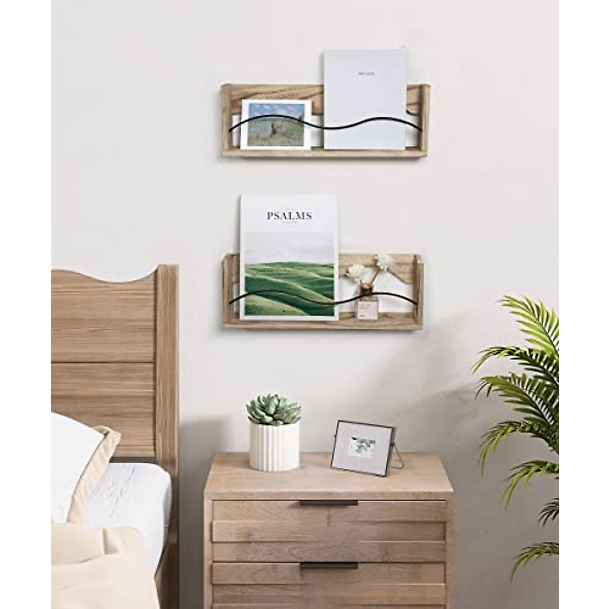 Sapowerntus Wood Book Shelves Wall Mounted, Rustic Nursery Magazine Holder Organizer Vinyl Record Rack with Curve Rail Wave Design, Wall Bookshelf Home Room Office Decor, Set of 2