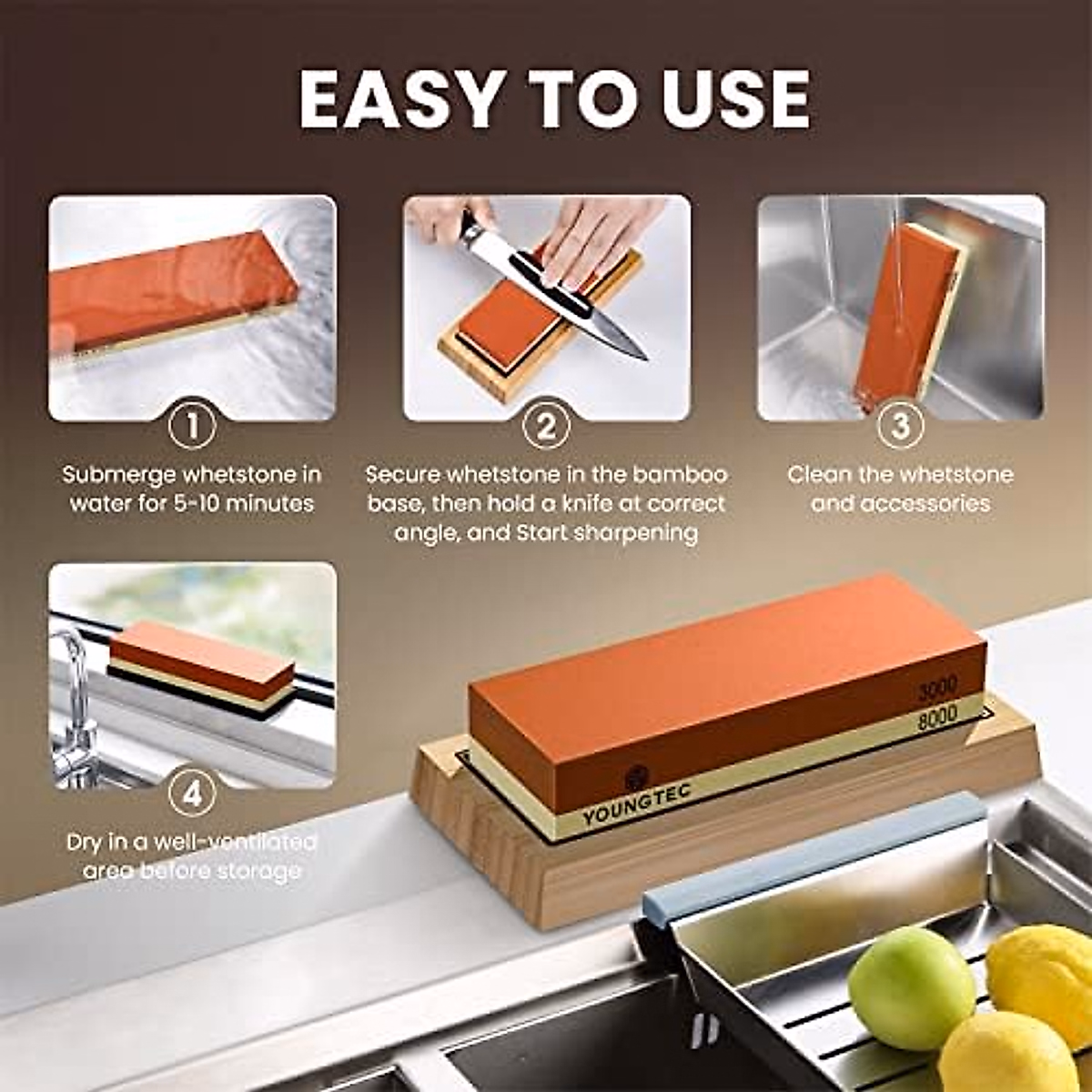 Professional Knife Sharpening Stone Kit – 400/1000 and 3000/8000 Grit Whetstone, Chef Knife Sharpener Knife Sharpener Stone-Includes Bamboo Base, Flattening Stone, Leather Strop & Angle Guide