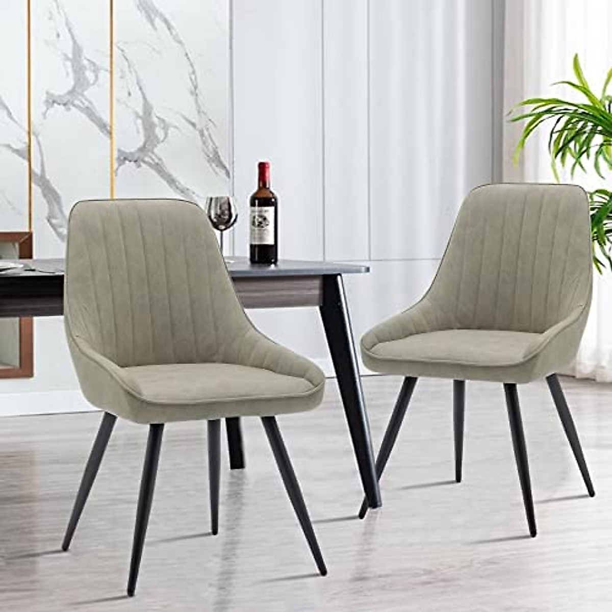 Alunaune Modern Dining Chairs Set of 2 Upholstered Kitchen Chairs, Mid Century Armless Leisure Accent Chair, Living Room Faux Suede Desk Side Chair with Metal Legs-Grey Green