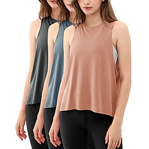 ODODOS 3-Pack Loose Tank Tops for Women Sleeveless Casual Athletic Workout Yoga Shirts, Crepe Pink, Dark Blue, Dark Grey, Medium