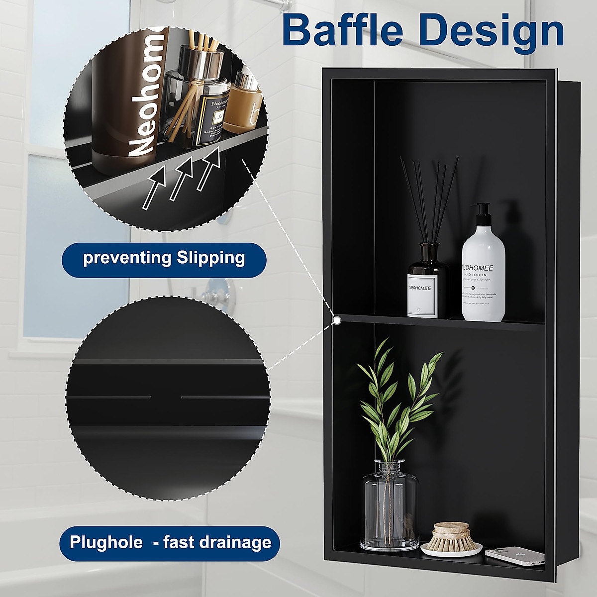 Neodrain No Tile Shower Niche, Stainless Steel Wall Niche 13.1"X25.1"(Inner Size 12"X24"), Two-Tier Bathroom Shelf, NO Tile Needed Recessed Niche Shower for Bathroom Storage, Matte Black