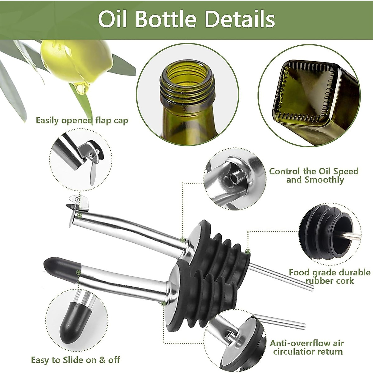 17oz Olive Oil Dispenser Bottle, 500ml Oil & Vinegar Cruet with 2 Stainless Steel Pourers, 2 Labels,1 Brush and 1 Funnel for Kitchen-Green