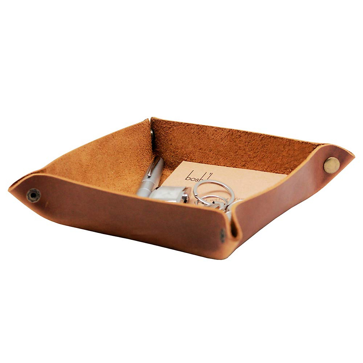 boshiho Valet Tray for Men, Leather Jewelry Catchall Key Phone Coin Box Change Caddy Bedside Storage Box (Crazy Horse Leather - Light Brown)