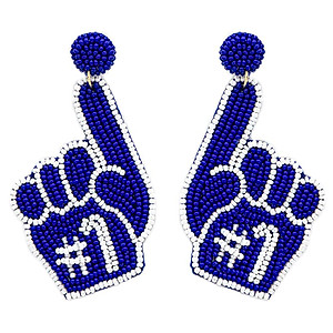 Emulily Beaded #1 Hand Post Earrings Handmade #1 Hand Earrings Cheep up Hand (Blue & White)