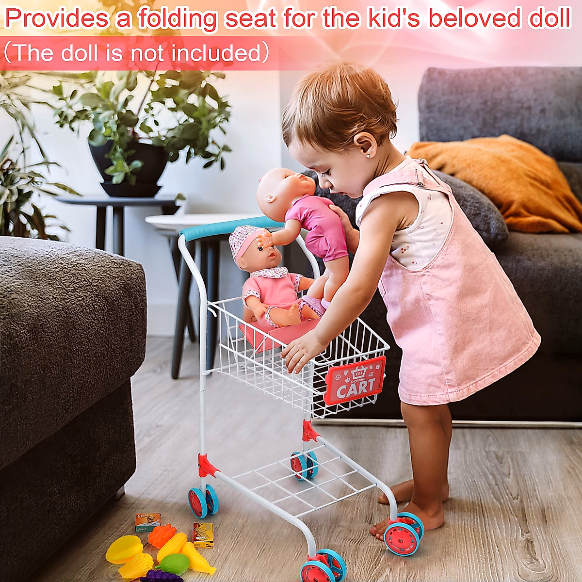 deAO Kids Shopping Cart Trolley with Sturdy Metal Frame for Toddlers 46 PCS Food Fruit Vegetables Pretend Play Food Role Play,Educational Toy Play Kitchen Toys for Boys Girls Kids