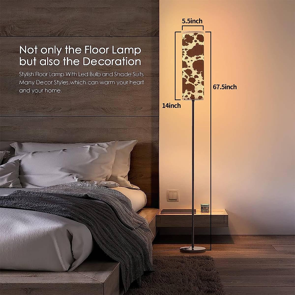 Modern Standing Lamps Cow leather skin brown Country Farmhouse Floor Lamp Rustic Metal Pole Lamp with Linen Lampshade for Bedroom Living Room Office Nursery Reading Foot Switch Western Decor