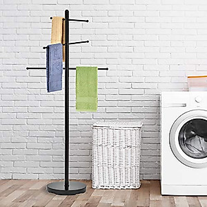 MyGift Black Metal Freestanding Bathroom Towel Holder Drying Rack with 6 Bars and Weighted Base, Spa or Poolside Towel Stand