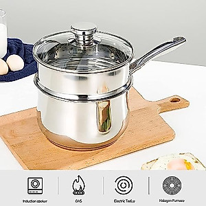 Stainless Steel Saucepan,DERUI CREATION 1.5 QT Food Grade 304 Stainless Steel Soup Pot and Steamer Basket,Cooking Pot with Lid (16cm（1.5QT）, Silver)